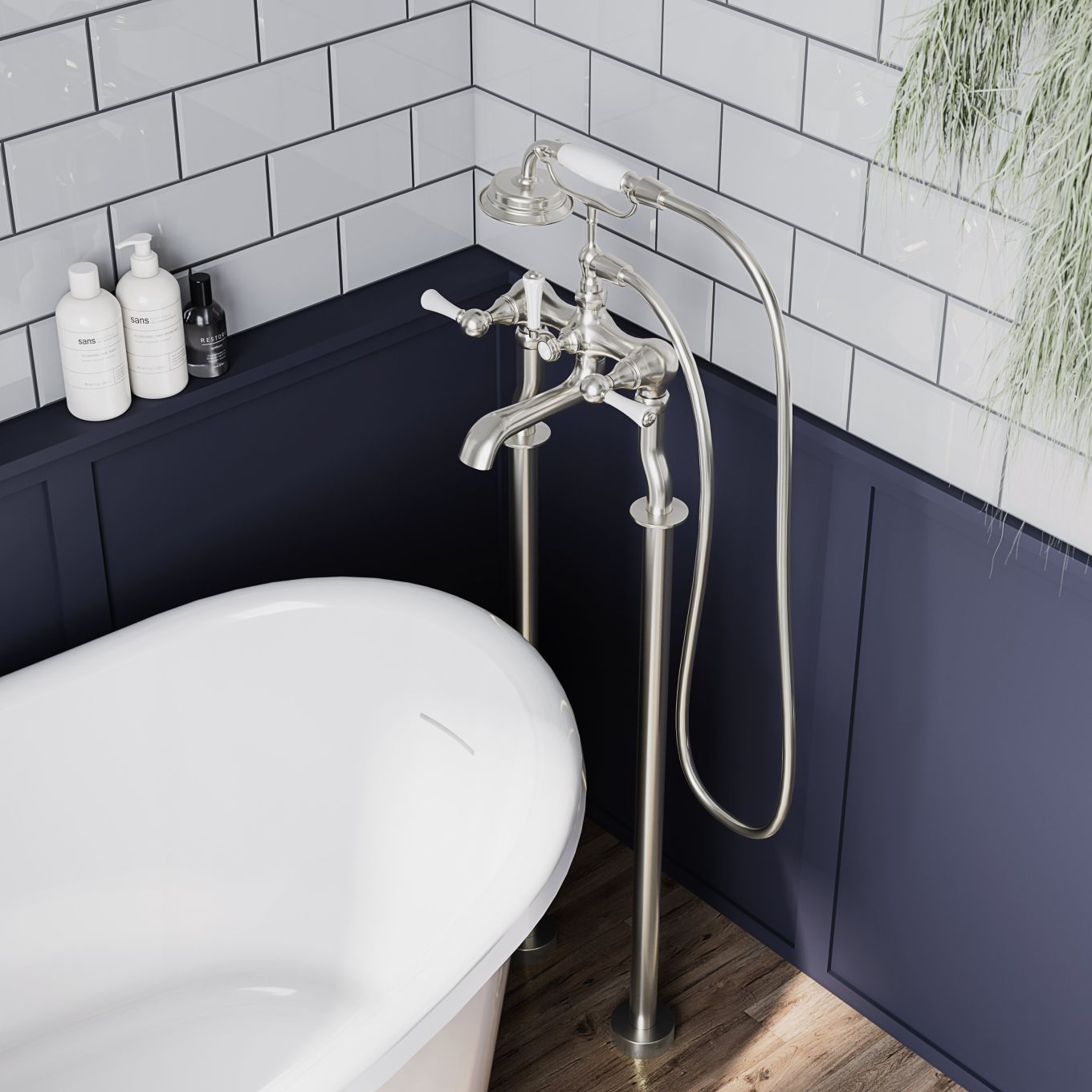 Warwick Brushed Nickel Traditional Bath Shower Mixer Tap on Standpipes ...