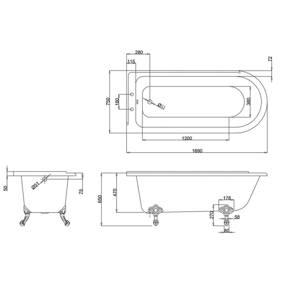 Burlington Hampton 1700mm Left Handed Showering Bath with Luxury Arc F ...